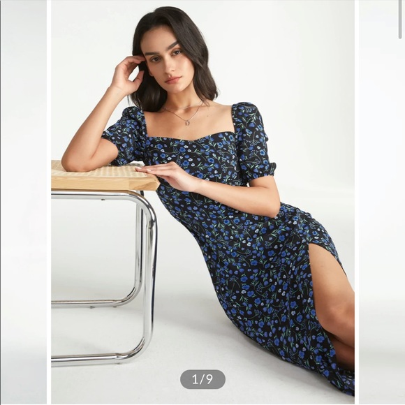 The Commense | Dresses | Black And Blue Floral Midi Dress S | Poshmark